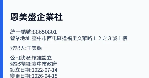 恩美盛企業社的照片-統編 88650801(臺中市) 公司登記資料與營業項目詳細圖表