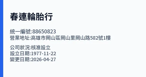 春連輪胎行的照片-統編 88650823(高雄市) 公司登記資料與營業項目詳細圖表