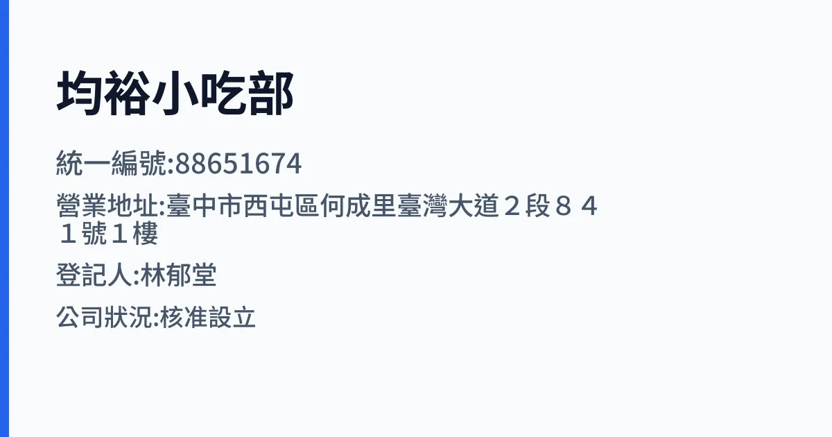 均裕小吃部 - 統編 88651674(臺中市) 公司登記資料與營業項目詳細圖表