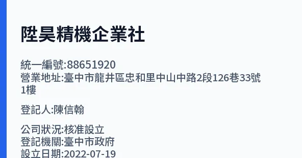 陞昊精機企業社的照片-統編 88651920(臺中市) 公司登記資料與營業項目詳細圖表
