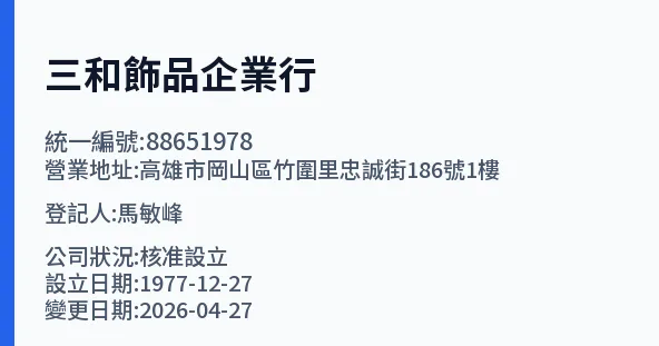三和飾品企業行的照片-統編 88651978(高雄市) 公司登記資料與營業項目詳細圖表