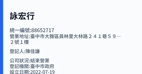 詠宏行的照片-統編 88652717(臺中市) 公司登記資料與營業項目詳細圖表