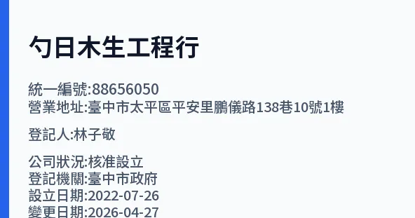 勺日木生工程行的照片-統編 88656050(臺中市) 公司登記資料與營業項目詳細圖表