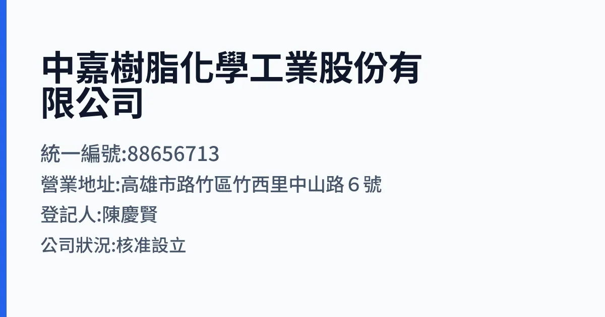中嘉樹脂化學工業股份有限公司 - 統編 88656713(高雄市) 公司登記資料與營業項目詳細圖表