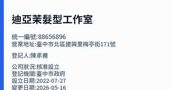 迪亞茉髮型工作室的照片-統編 88656896(臺中市) 公司登記資料與營業項目詳細圖表