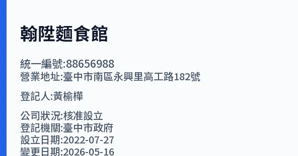 翰陞麵食館的照片-統編 88656988(臺中市) 公司登記資料與營業項目詳細圖表