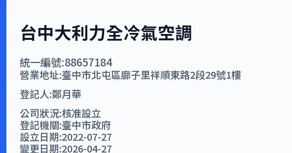 台中大利力全冷氣空調的照片-統編 88657184(臺中市) 公司登記資料與營業項目詳細圖表