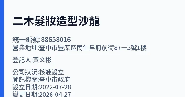 二木髮妝造型沙龍的照片-統編 88658016(臺中市) 公司登記資料與營業項目詳細圖表