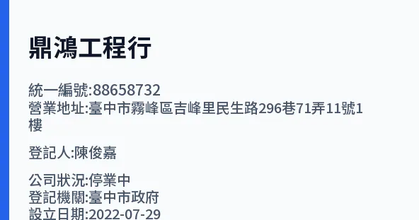 鼎鴻工程行的照片-統編 88658732(臺中市) 公司登記資料與營業項目詳細圖表