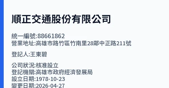 順正交通股份有限公司的照片-統編 88661862(高雄市) 公司登記資料與營業項目詳細圖表