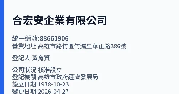 合宏安企業有限公司的照片-統編 88661906(高雄市) 公司登記資料與營業項目詳細圖表