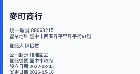 麥町商行的照片-統編 88663215(臺中市) 公司登記資料與營業項目詳細圖表