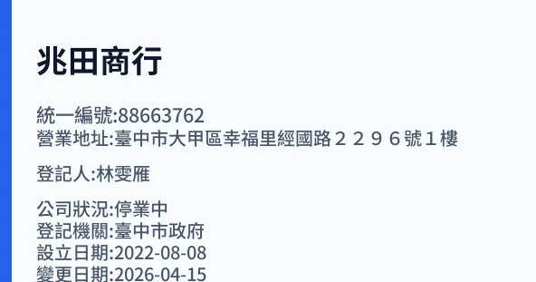 兆田商行的照片-統編 88663762(臺中市) 公司登記資料與營業項目詳細圖表