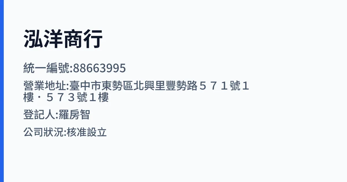 泓洋商行 - 統編 88663995(臺中市) 公司登記資料與營業項目詳細圖表