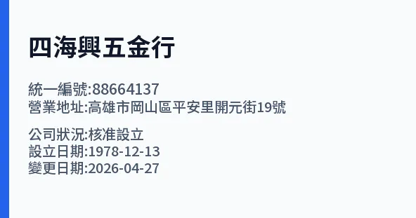 四海興五金行的照片-統編 88664137(高雄市) 公司登記資料與營業項目詳細圖表