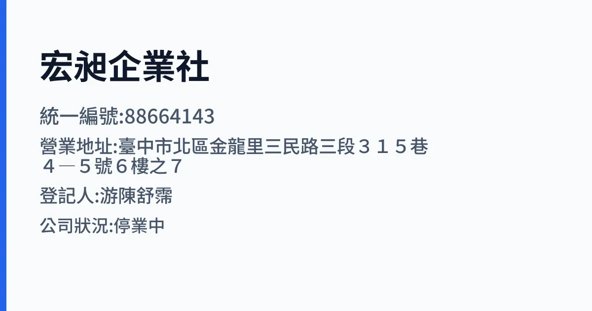 宏昶企業社 - 統編 88664143(臺中市) 公司登記資料與營業項目詳細圖表