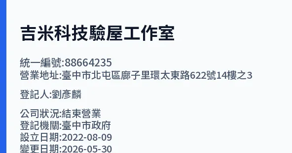 吉米科技驗屋工作室的照片-統編 88664235(臺中市) 公司登記資料與營業項目詳細圖表