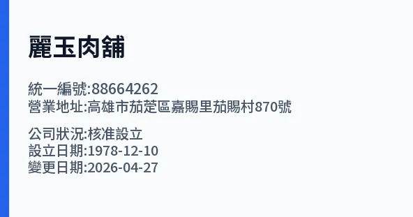 麗玉肉舖的照片-統編 88664262(高雄市) 公司登記資料與營業項目詳細圖表