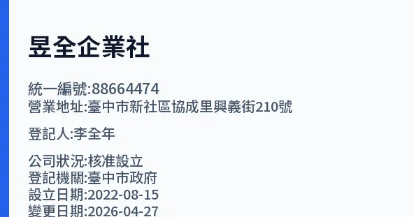 昱全企業社的照片-統編 88664474(臺中市) 公司登記資料與營業項目詳細圖表