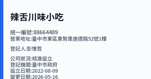 辣舌川味小吃的照片-統編 88664489(臺中市) 公司登記資料與營業項目詳細圖表