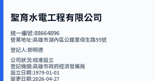 聖育水電工程有限公司的照片-統編 88664896(高雄市) 公司登記資料與營業項目詳細圖表
