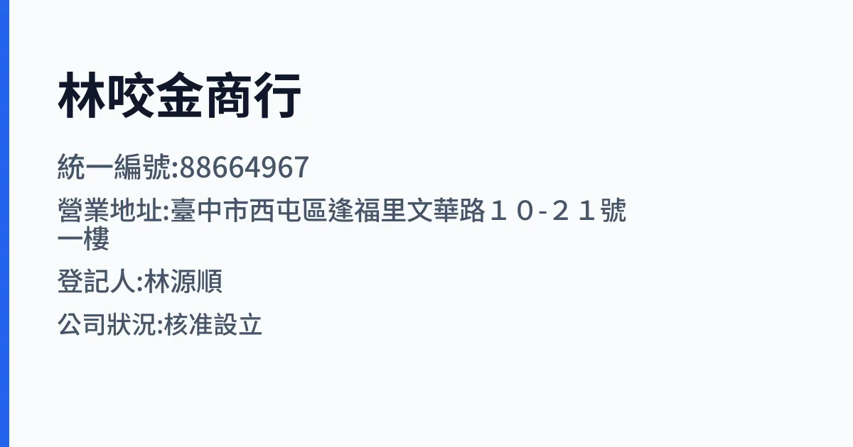 林咬金商行 - 統編 88664967(臺中市) 公司登記資料與營業項目詳細圖表