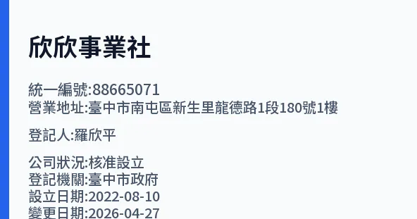 欣欣事業社的照片-統編 88665071(臺中市) 公司登記資料與營業項目詳細圖表