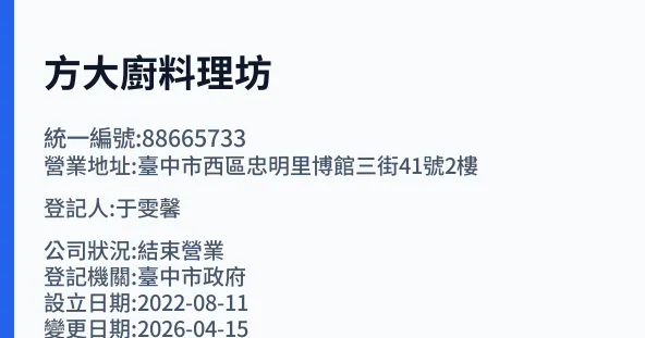方大廚料理坊的照片-統編 88665733(臺中市) 公司登記資料與營業項目詳細圖表