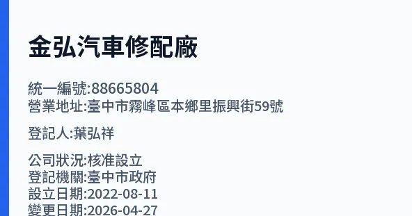 金弘汽車修配廠的照片-統編 88665804(臺中市) 公司登記資料與營業項目詳細圖表