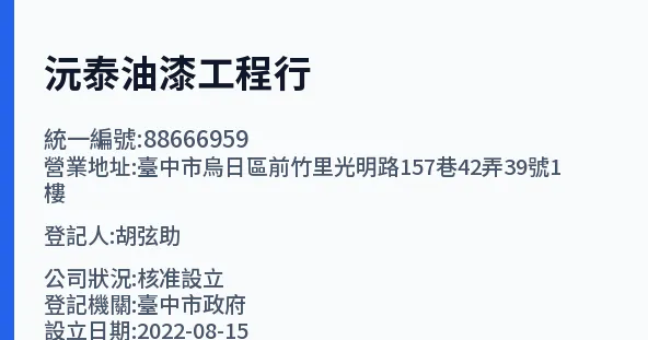沅泰油漆工程行的照片-統編 88666959(臺中市) 公司登記資料與營業項目詳細圖表
