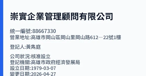 崇實企業管理顧問有限公司的照片-統編 88667330(高雄市) 公司登記資料與營業項目詳細圖表