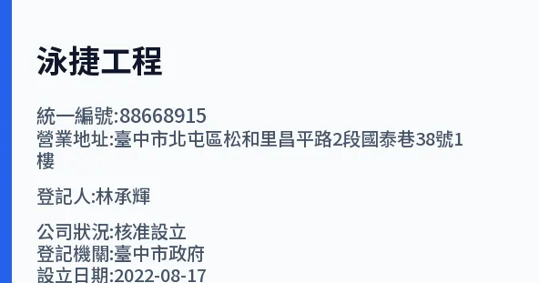 泳捷工程的照片-統編 88668915(臺中市) 公司登記資料與營業項目詳細圖表