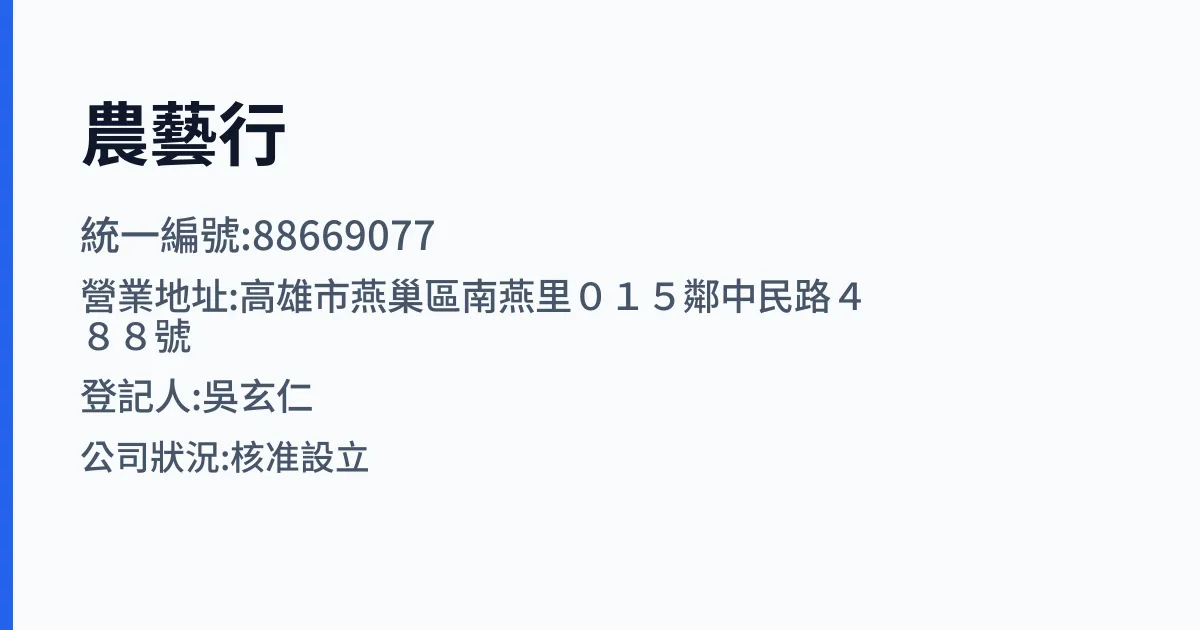 農藝行 - 統編 88669077(高雄市) 公司登記資料與營業項目詳細圖表