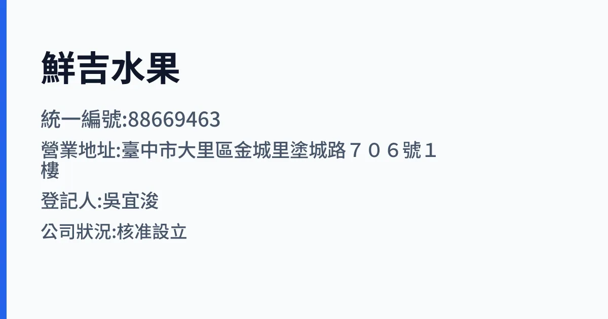 鮮吉水果 - 統編 88669463(臺中市) 公司登記資料與營業項目詳細圖表