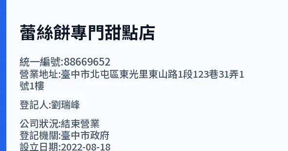 蕾絲餅專門甜點店的照片-統編 88669652(臺中市) 公司登記資料與營業項目詳細圖表