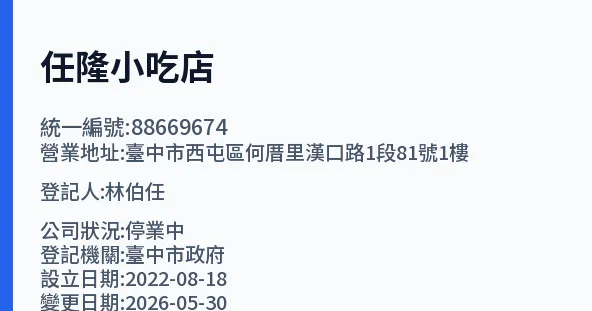 任隆小吃店的照片-統編 88669674(臺中市) 公司登記資料與營業項目詳細圖表