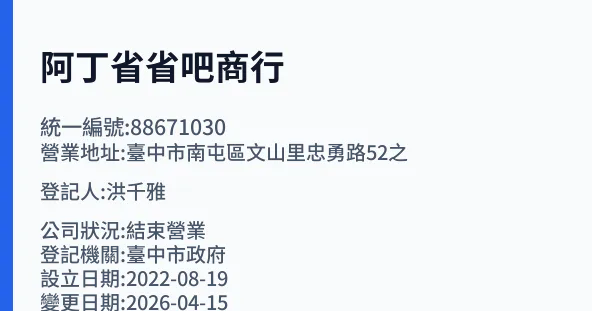 阿丁省省吧商行的照片-統編 88671030(臺中市) 公司登記資料與營業項目詳細圖表