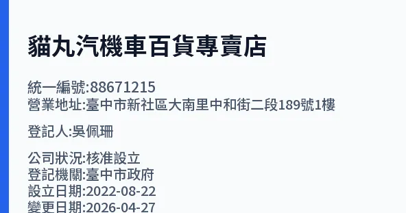 貓丸汽機車百貨專賣店的照片-統編 88671215(臺中市) 公司登記資料與營業項目詳細圖表