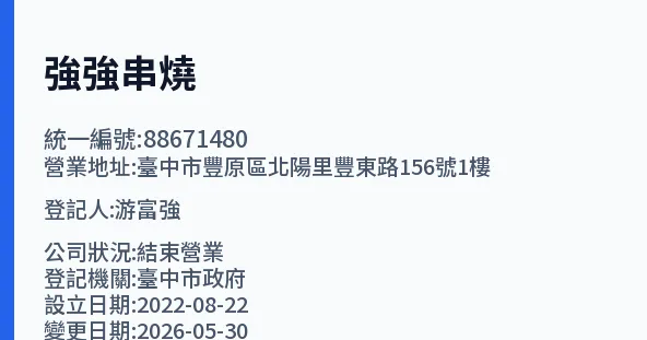 強強串燒的照片-統編 88671480(臺中市) 公司登記資料與營業項目詳細圖表