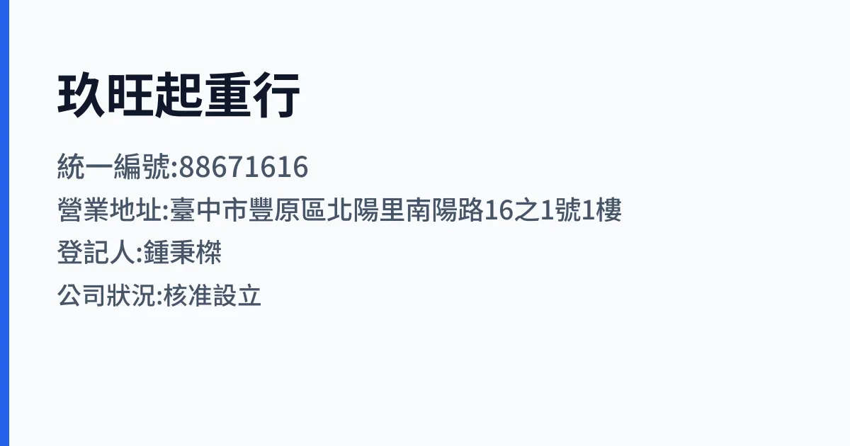 玖旺起重行 - 統編 88671616(臺中市) 公司登記資料與營業項目詳細圖表