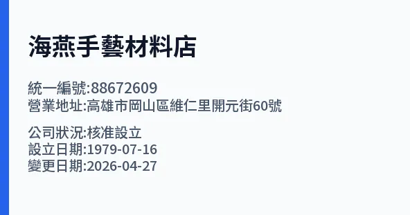 海燕手藝材料店的照片-統編 88672609(高雄市) 公司登記資料與營業項目詳細圖表