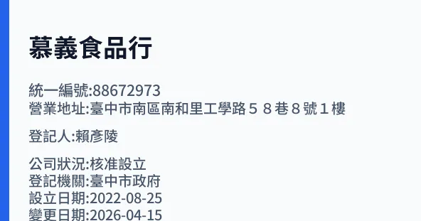 慕義食品行的照片-統編 88672973(臺中市) 公司登記資料與營業項目詳細圖表