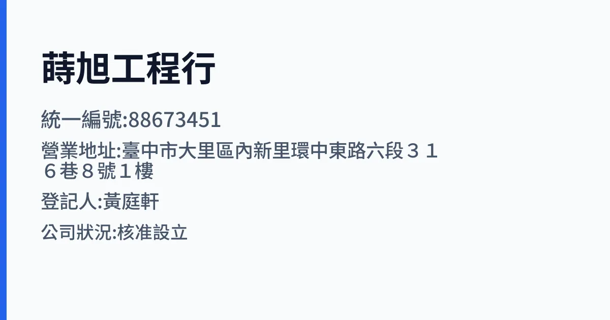 蒔旭工程行 - 統編 88673451(臺中市) 公司登記資料與營業項目詳細圖表