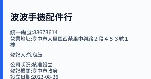 波波手機配件行的照片-統編 88673614(臺中市) 公司登記資料與營業項目詳細圖表