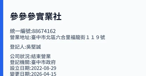 參參參實業社的照片-統編 88674162(臺中市) 公司登記資料與營業項目詳細圖表