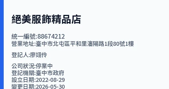 絕美服飾精品店的照片-統編 88674212(臺中市) 公司登記資料與營業項目詳細圖表