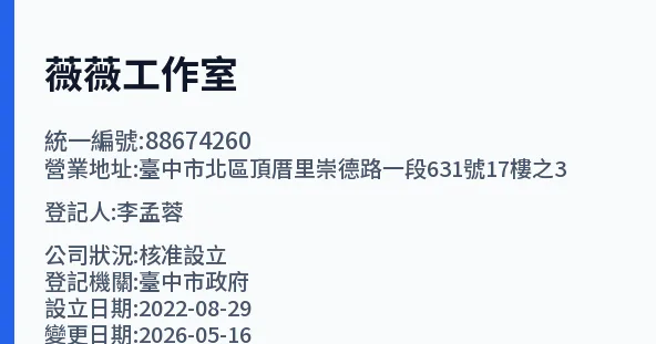 薇薇工作室的照片-統編 88674260(臺中市) 公司登記資料與營業項目詳細圖表