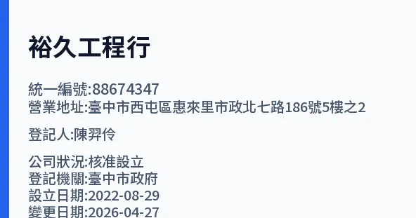 裕久工程行的照片-統編 88674347(臺中市) 公司登記資料與營業項目詳細圖表