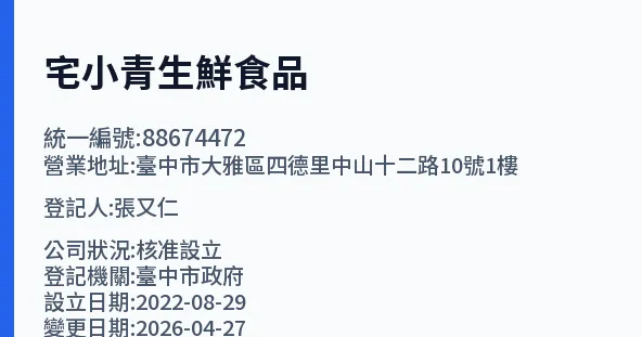 宅小青生鮮食品的照片-統編 88674472(臺中市) 公司登記資料與營業項目詳細圖表