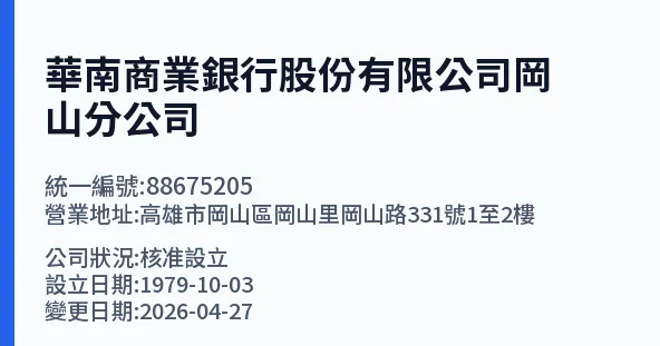 華南商業銀行股份有限公司岡山分公司的照片-統編 88675205(高雄市) 公司登記資料與營業項目詳細圖表